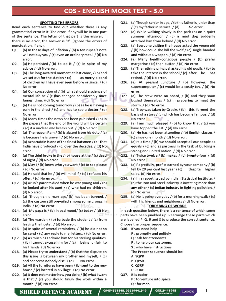 English - CDS - Mock Test 3.0 | PDF