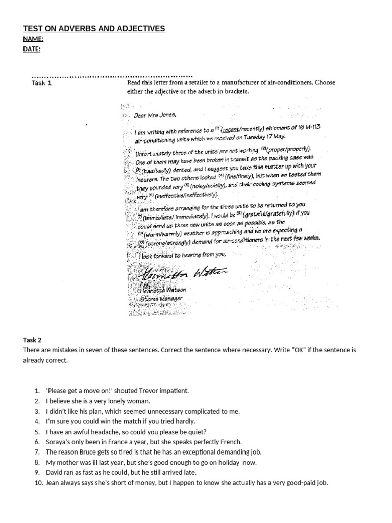 Test On Adverbs and Adjectives | PDF