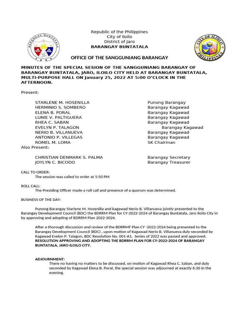MINUTES BDC and BDRRMF Plan For CY 2022 2024 | PDF | Government Related ...
