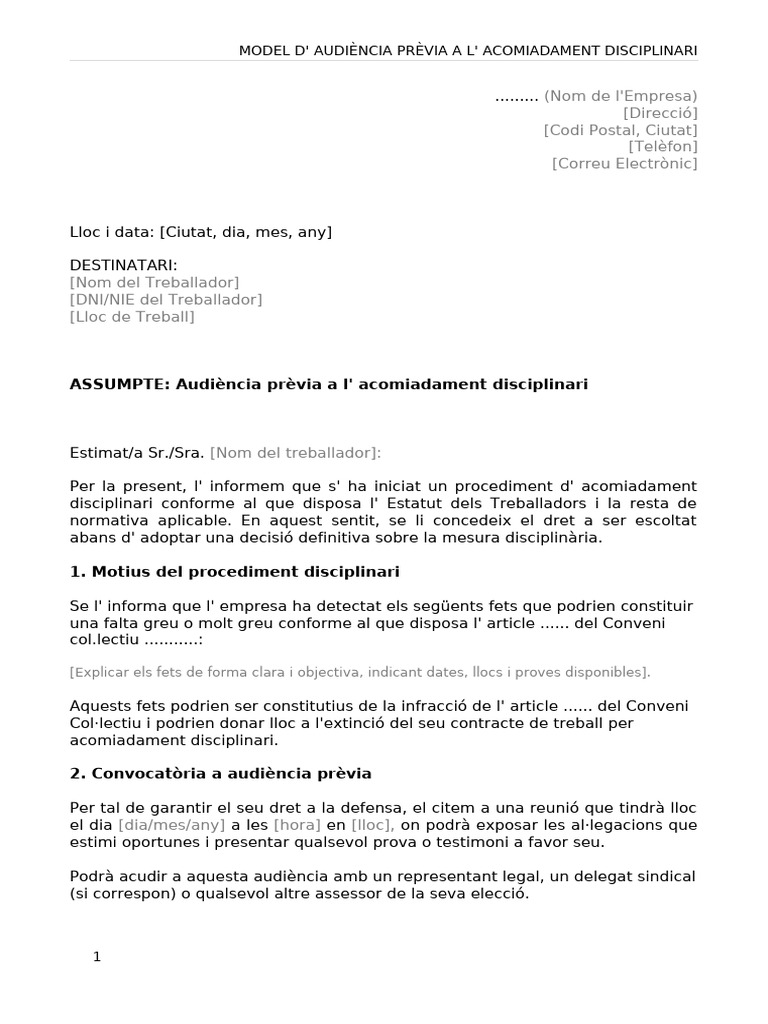 Modelo Audiencia Previa Despido Disciplinario Cat | PDF