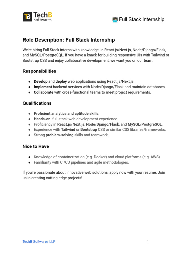 TechB Softwares - Full Stack Internship | PDF