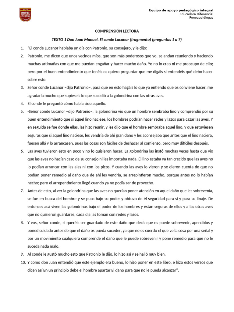 Comprensión Lectora: El Conde Lucanor | PDF