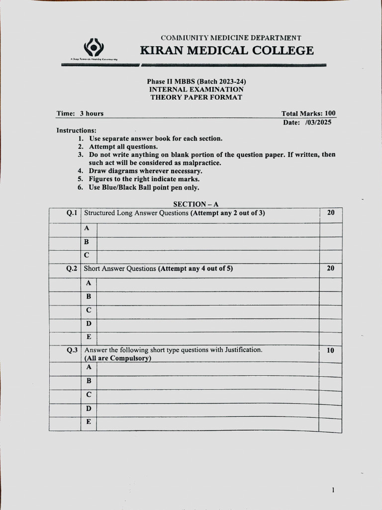 Community Medicine Internal Exam Format & Syllabus | PDF