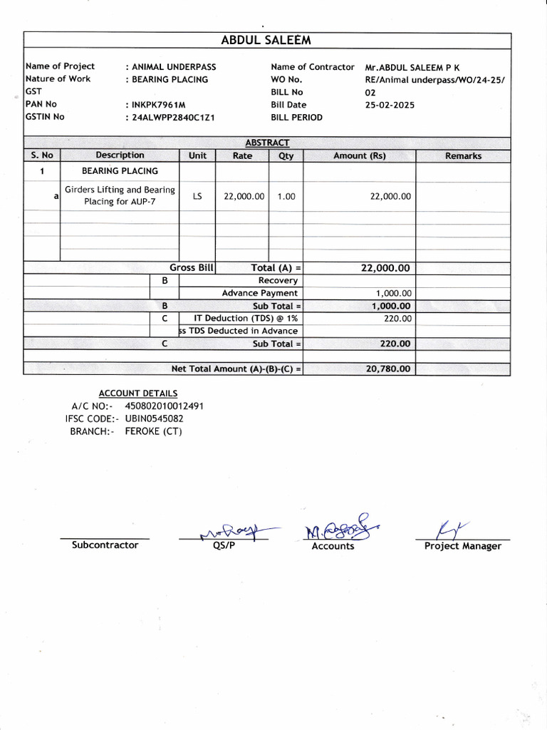 Abdul Saleem PK Bill No.2 Dt.25.02.2025 | PDF