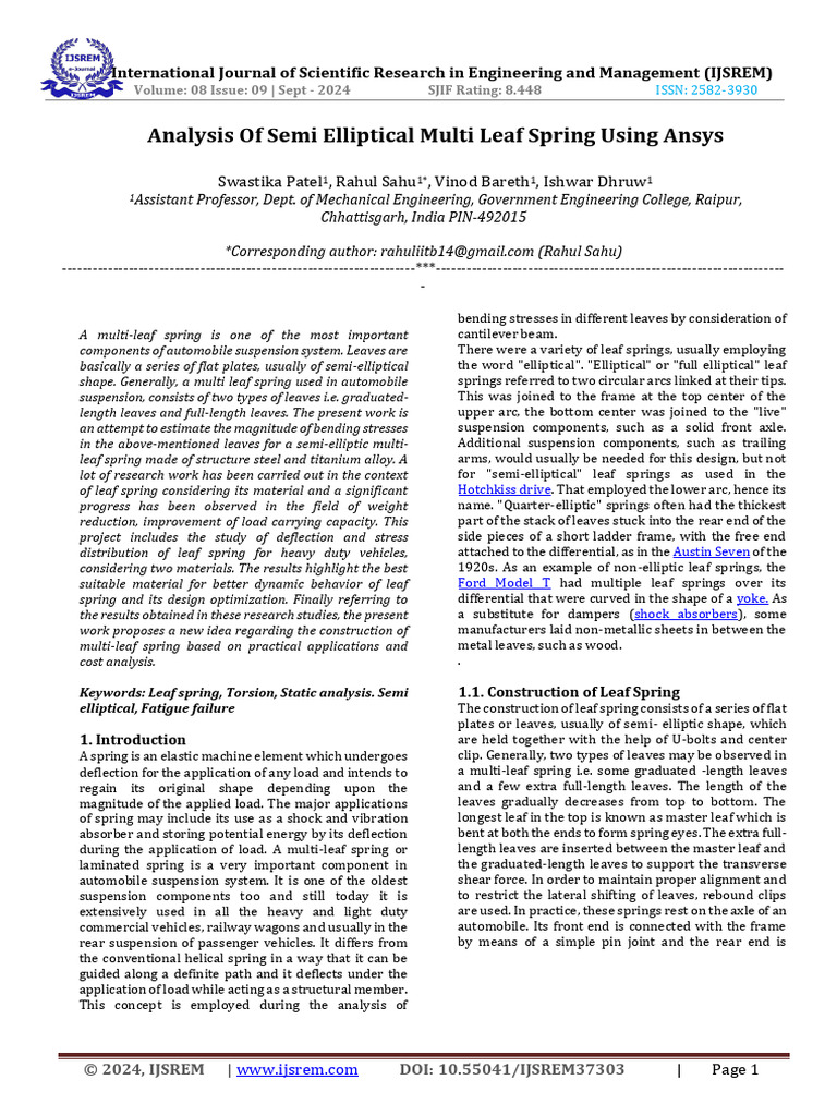 Analysis of Semi Elliptical Multi Leaf Spring Using Ansys | PDF | Composite Material | Stress ...