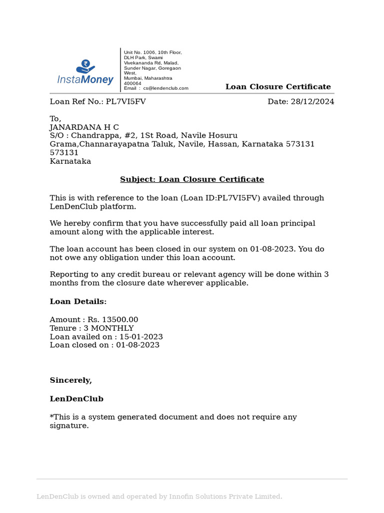 Loan Closure Certificate for Janardana H C | PDF