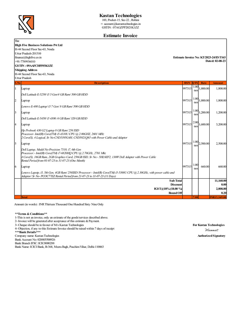 EST-163-High Five Business Solutions PVT LTD | PDF | Laptop | Office ...