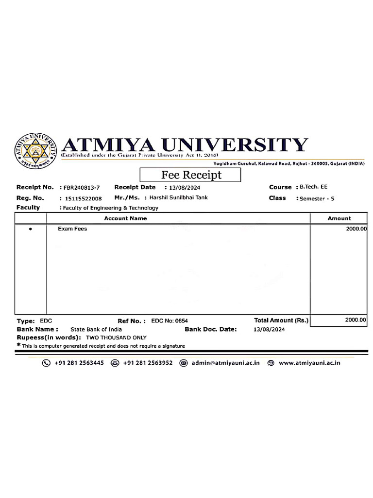 Harshil 5th Sem Fee Receipt | PDF