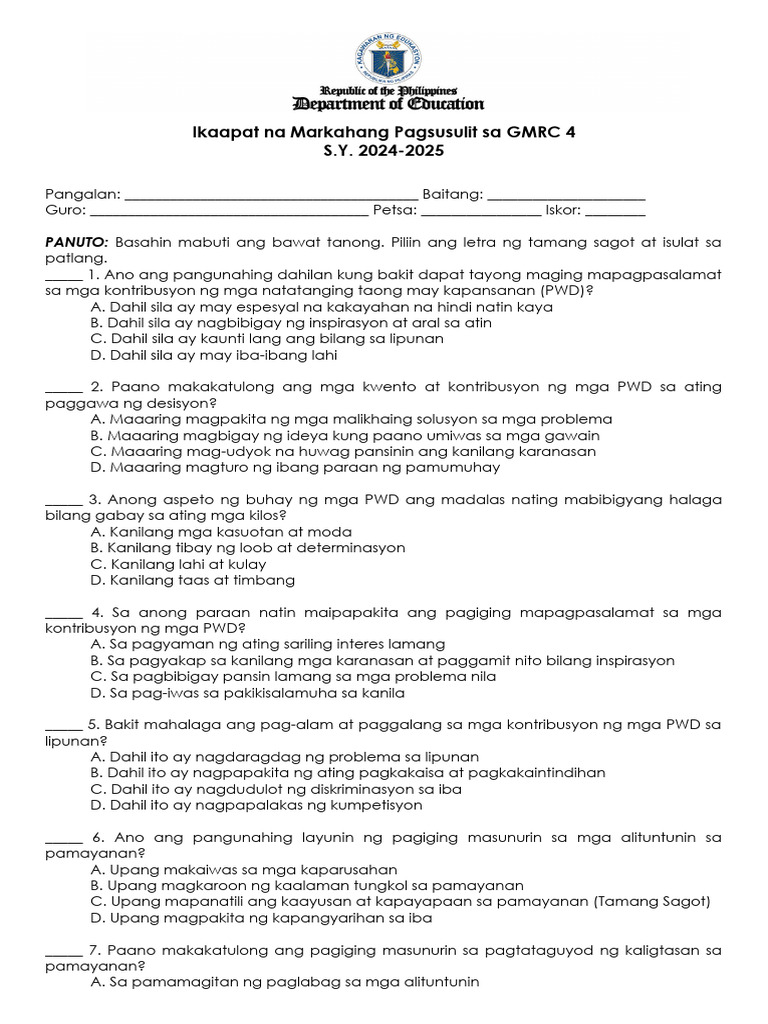 Ikaapat Markahang Pagsusulit Sa GMRC 4 | PDF