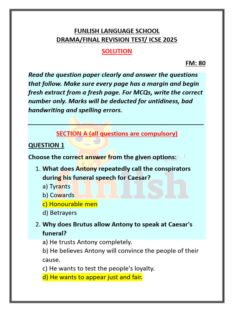 Answer Key - Final Drama Class X | PDF | Mark Antony | Julius Caesar
