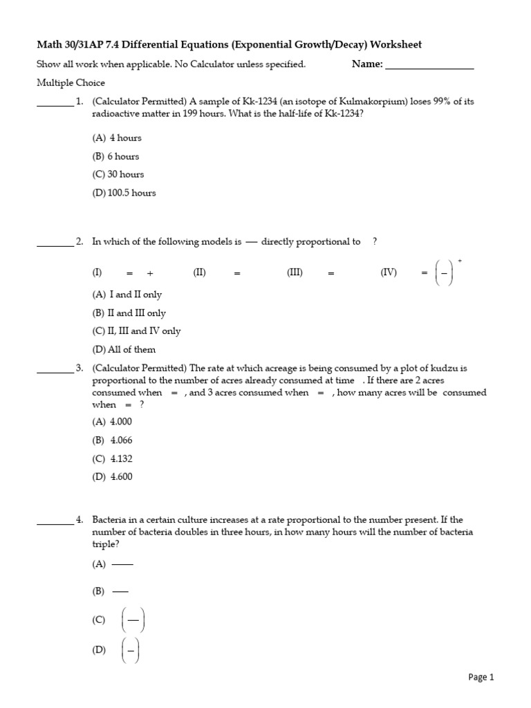 Math 30/31AP 7.4 Differential Equations (Exponential Growth/Decay ...