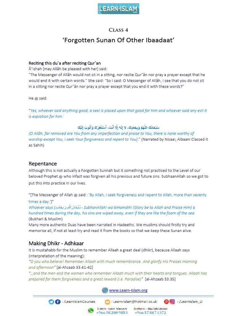 Class 4 - FORGOTTEN SUNNAHS OF OTHER IBAADAAT | PDF | God In Islam ...