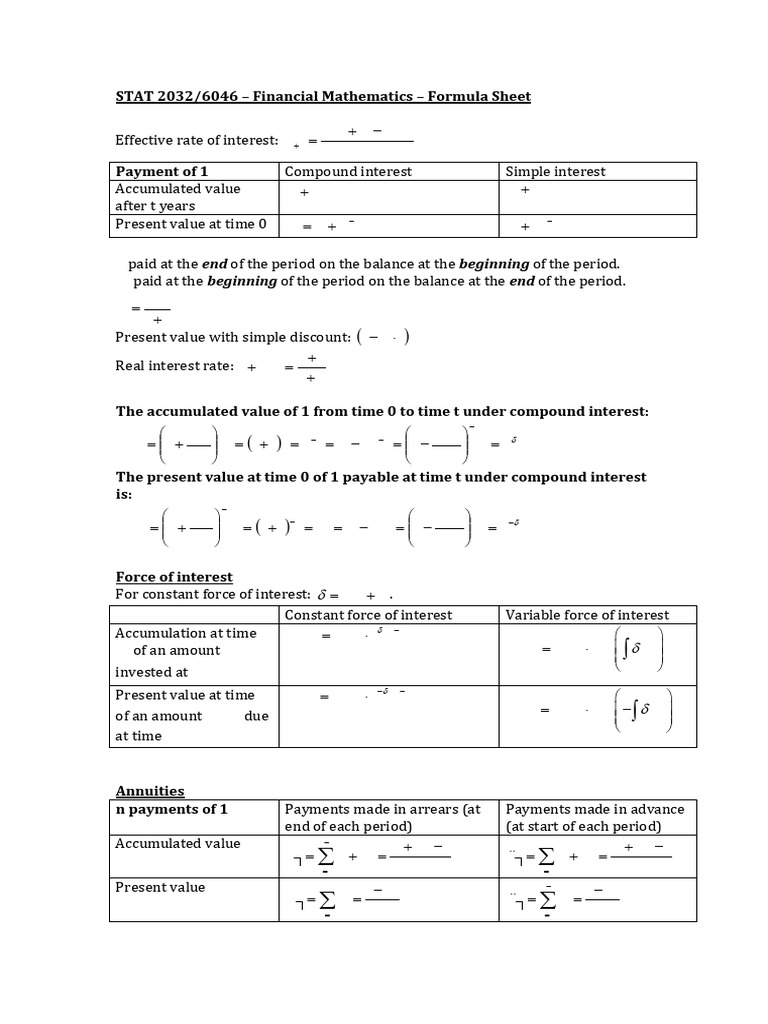 STAT2032 Formula Sheet Week 1 - 4 | PDF | Compound Interest | Present Value