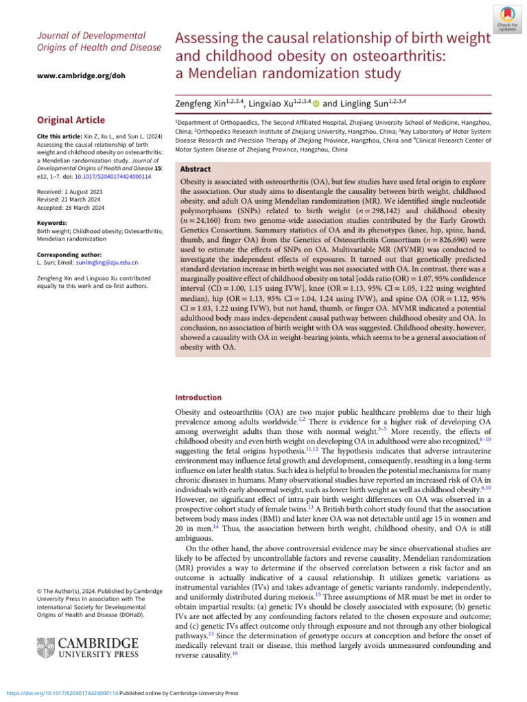 Assessing The Causal Relationship of Birth Weight and Childhood Obesity On Osteoarthritis A ...