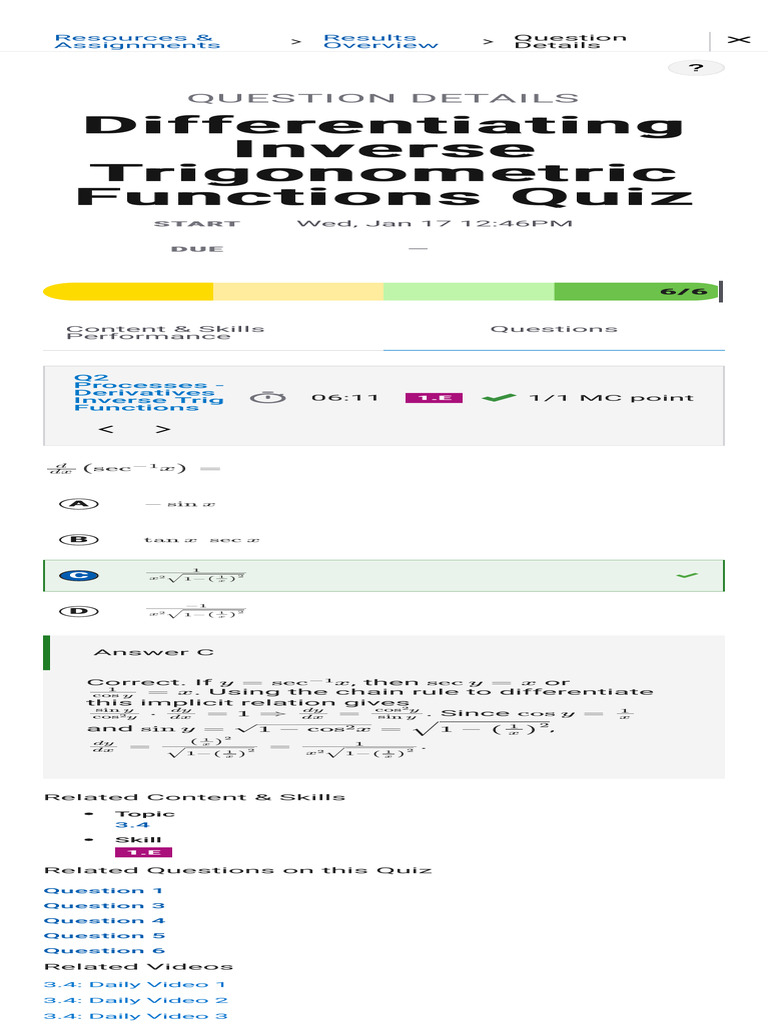 AP Calculus AB Differentiating Inverse Trigonometric Functions Quiz Report Details | PDF