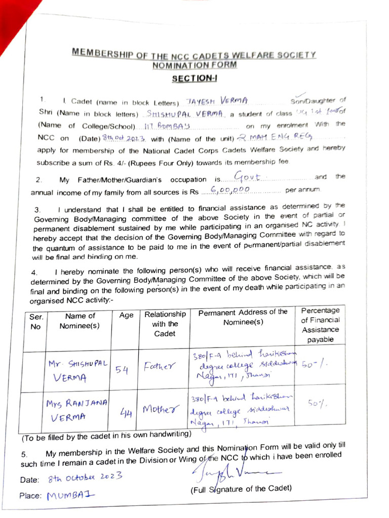 NCC Cadets Welfare Society Membership Form | PDF | Youth Organizations ...