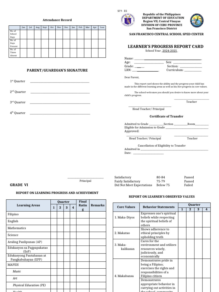 SF 9 ES Learners Progress Report Card | PDF | Teachers | Learning
