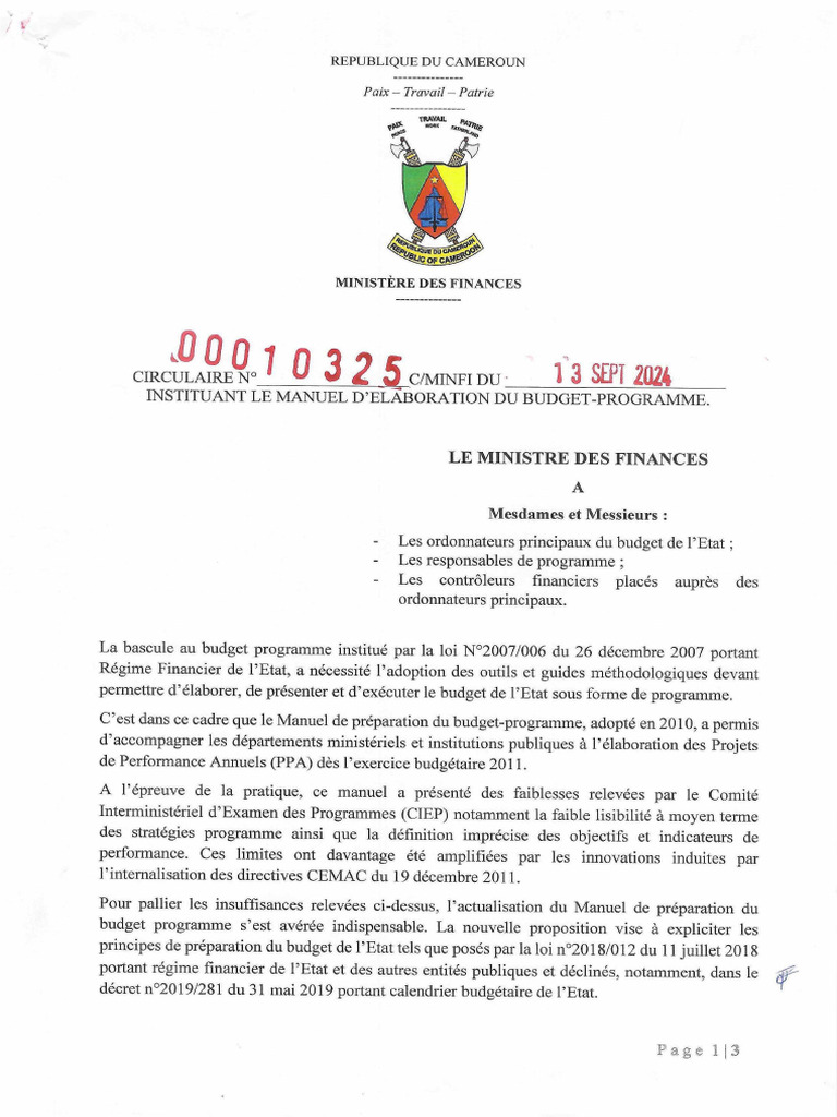 CIRCULAIRE-MINFI-13-Sept.-2024-instituant-Manuel-Budget-Programme | PDF