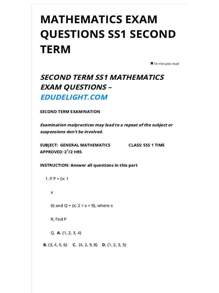 Second Term Ss1 Mathematics Exam Questions | PDF | Circle | Mathematics