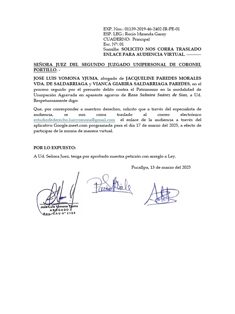 Modelo de Solicitud Solicitado Enlace de Audiencia Virtual | PDF