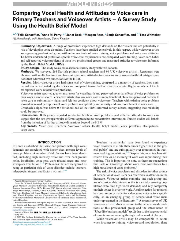 Schaeffler Et Al. - 2023 - Comparing Vocal Health and Attitudes To Voice Care in Primary ...