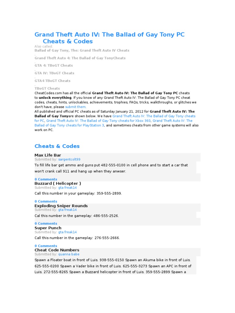 Gta Iv Cheats Numbers