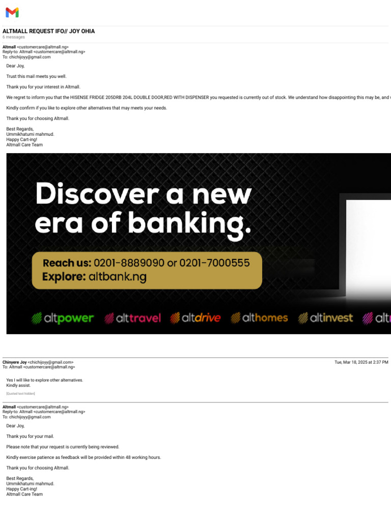 Gmail - Altmall Request Ifo - Joy Ohia | PDF