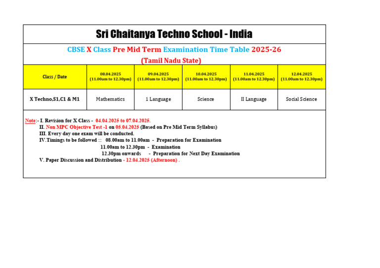 CBSE X Class Pre Mid Term Examination Time Table 2025-26 (TN State) | PDF