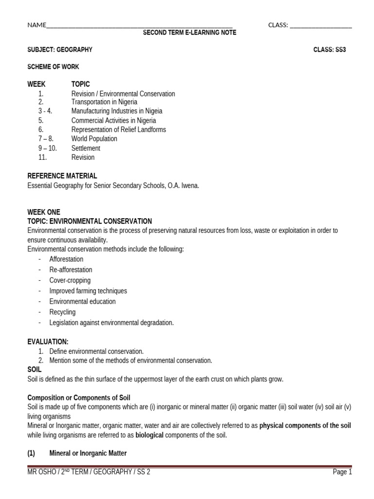 Geography Scheme of Work for SS3 | PDF | Soil | Tariff