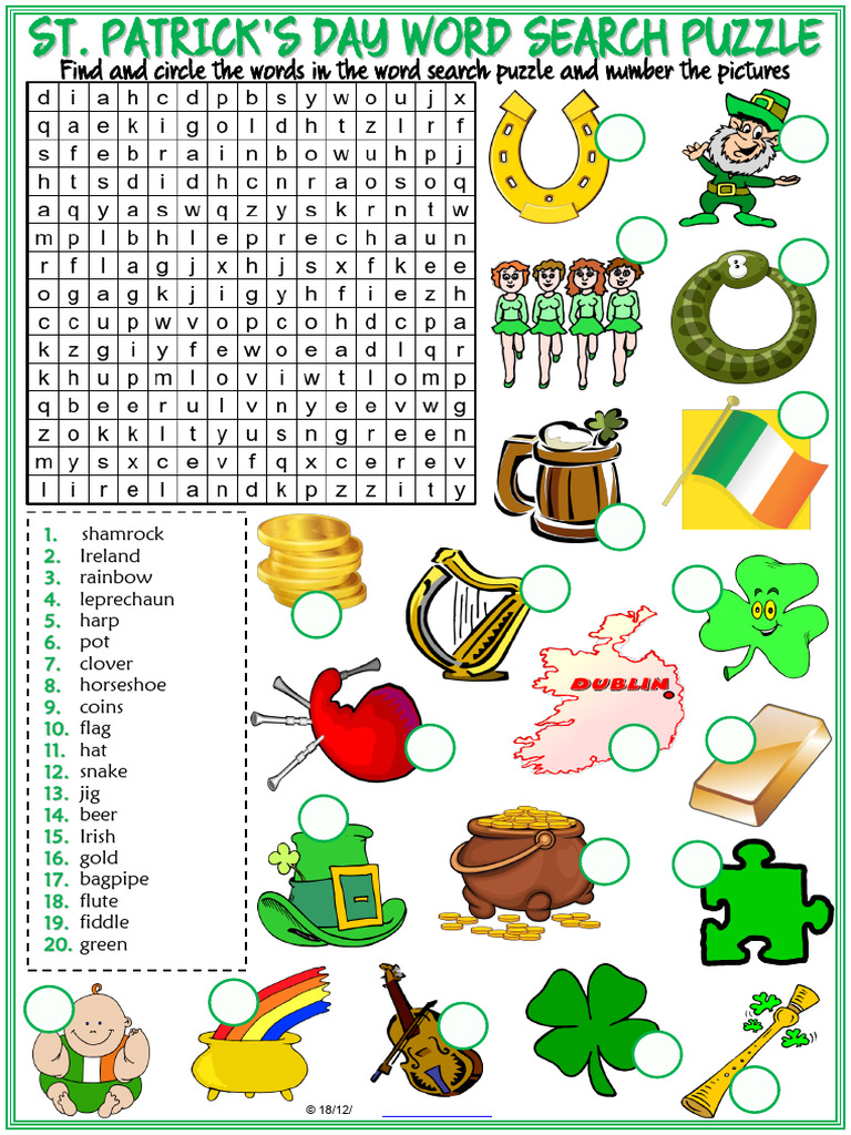 Saint Patricks Day Vocabulary Esl Word Search Puzzle Worksheet For Kids ...