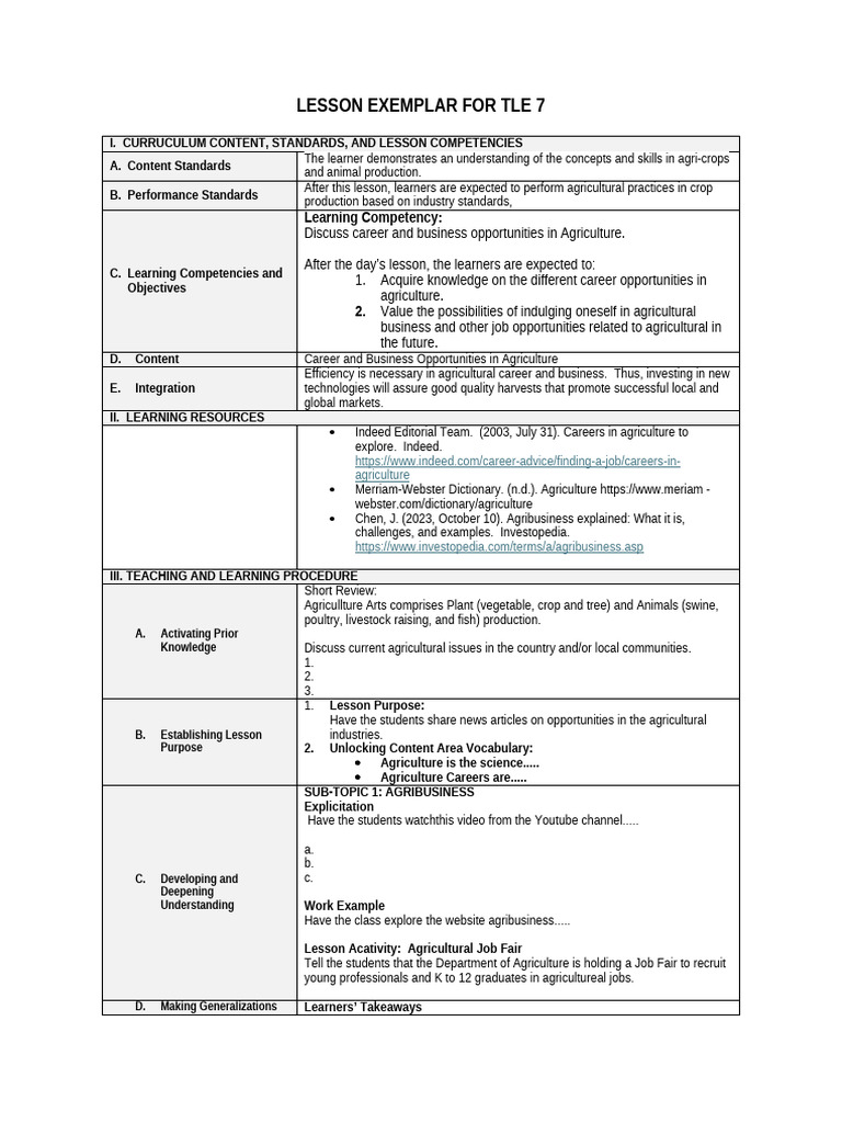 LESSON EXEMPLAR For TLE 7templatefromthegivensampleLE | PDF | Learning ...