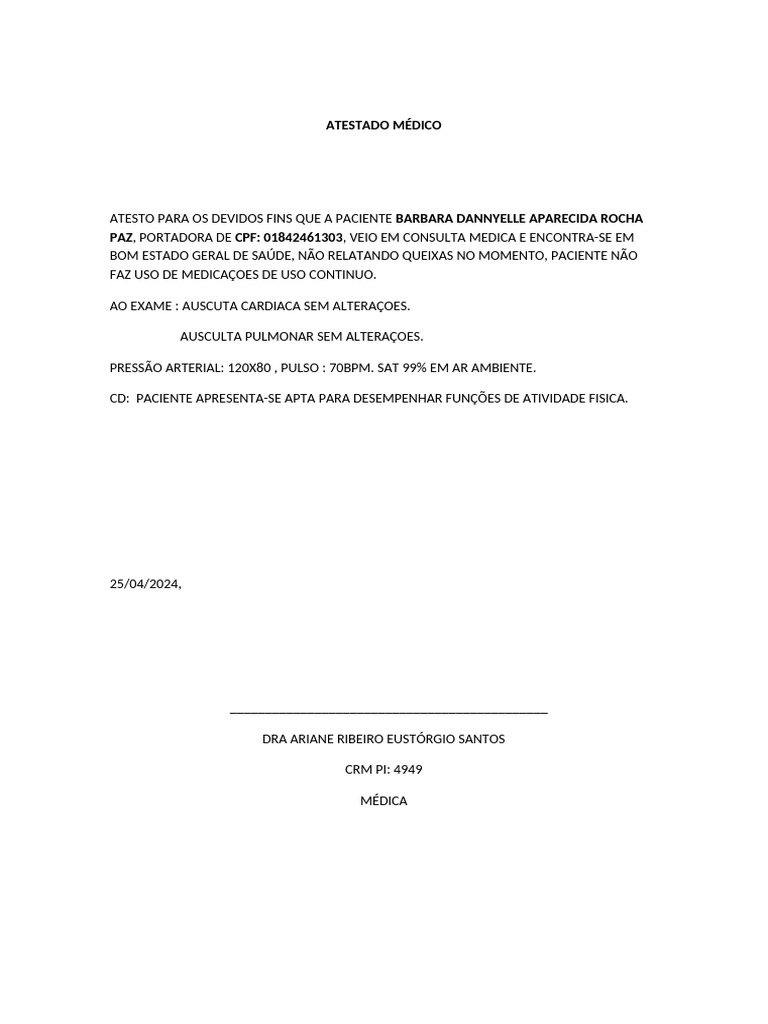 Atestado Médico de Saúde de Bárbara Rocha | PDF