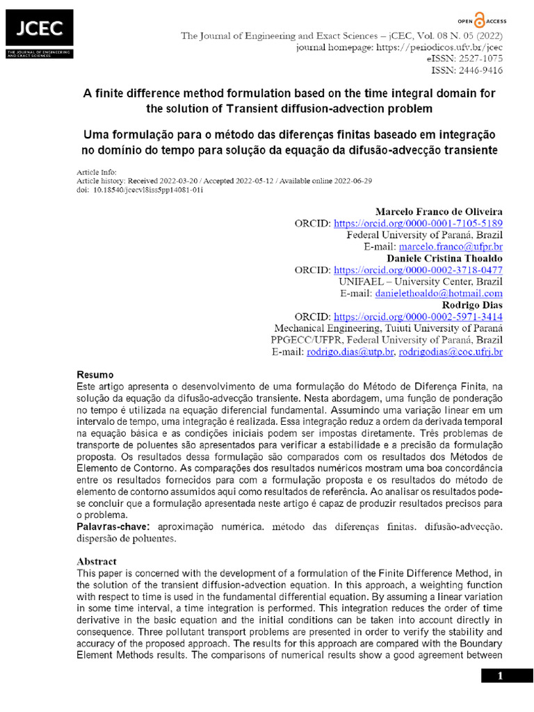 A finite difference method formulation for transient diffusion-advection equation | PDF