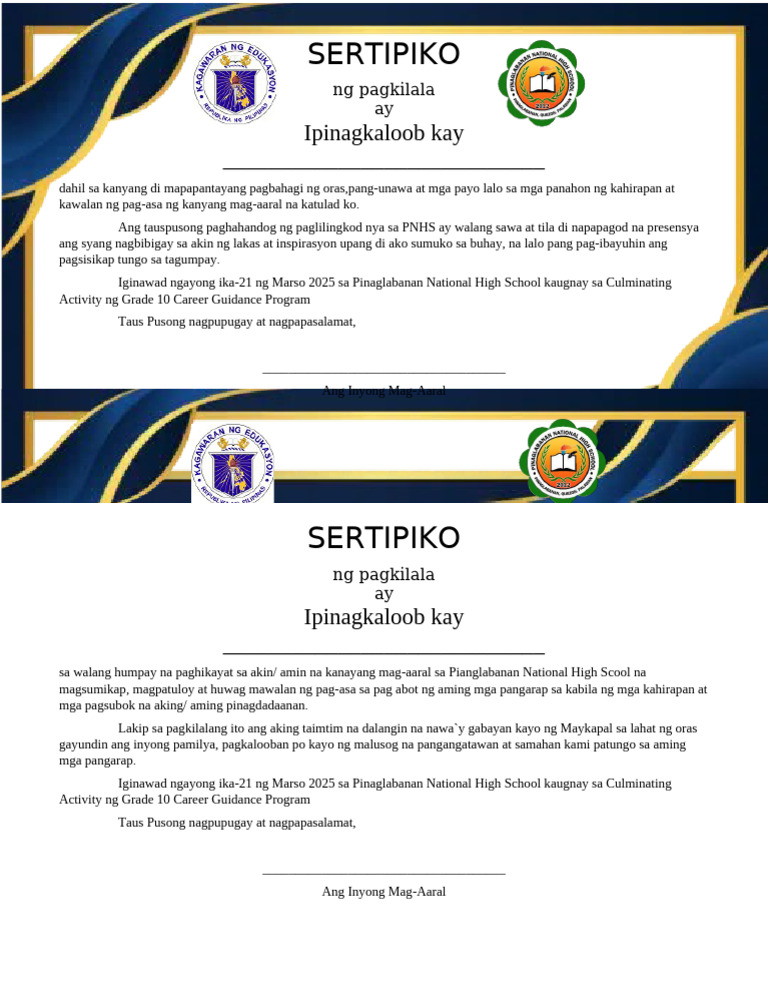 SERTIPIKO NG PAGKILALA | PDF