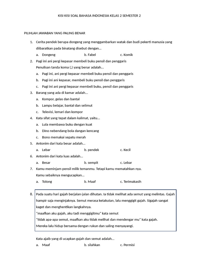 Kisi Kisi Soal Bahasa Indonesia Kelas 2 Semester 2 | PDF