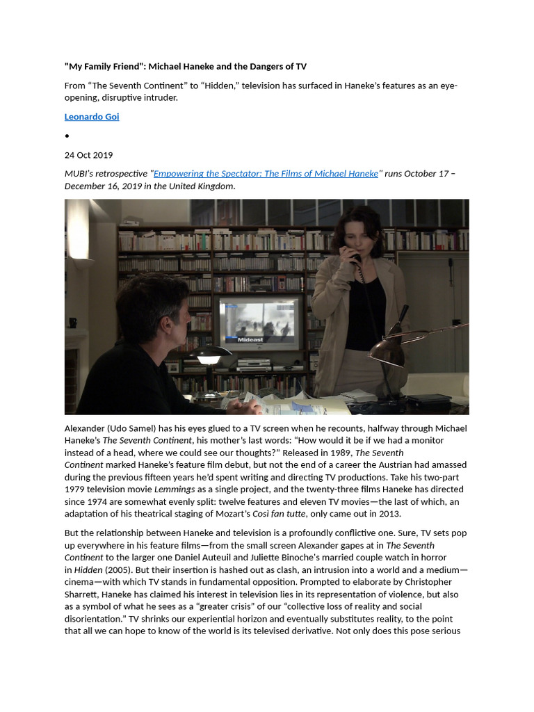 My Family Friend-Michael Haneke and The Dangers of TV Mubi Notebook | PDF