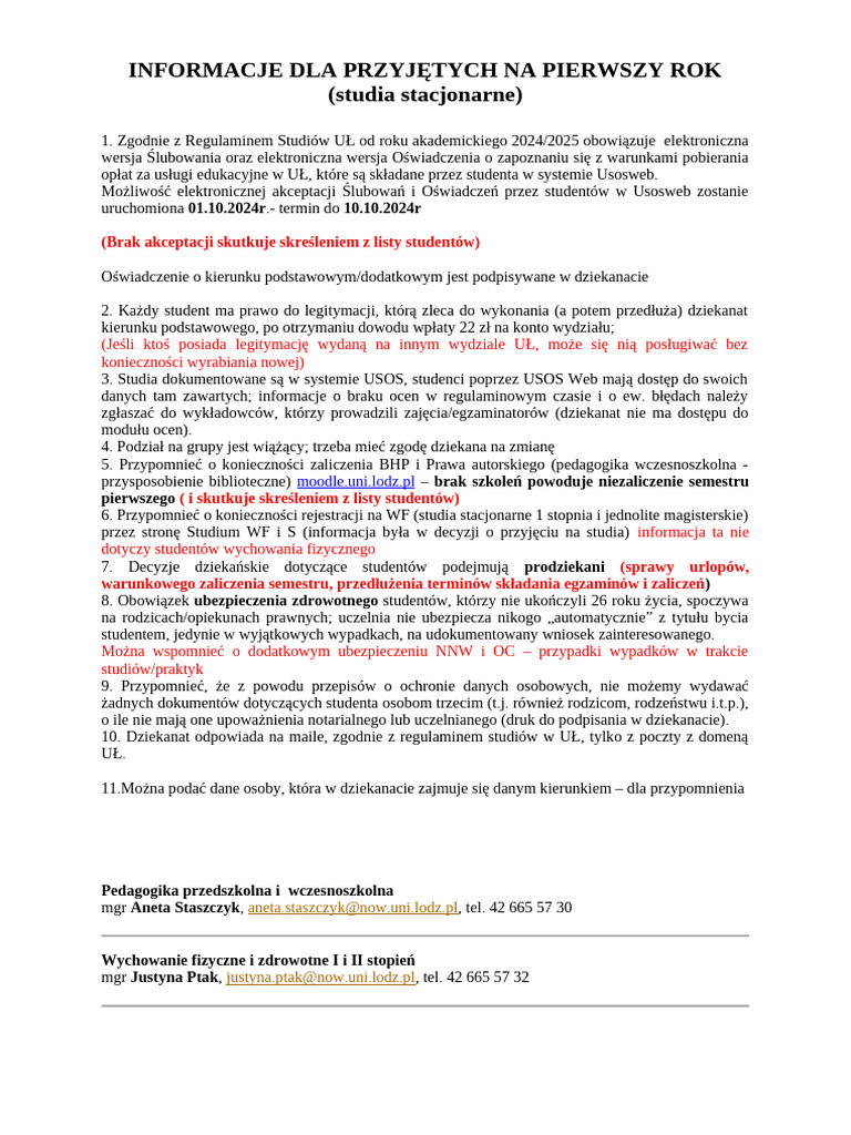 Informacje Dla Przyjętych Na Pierwszy Rok 2024 | PDF