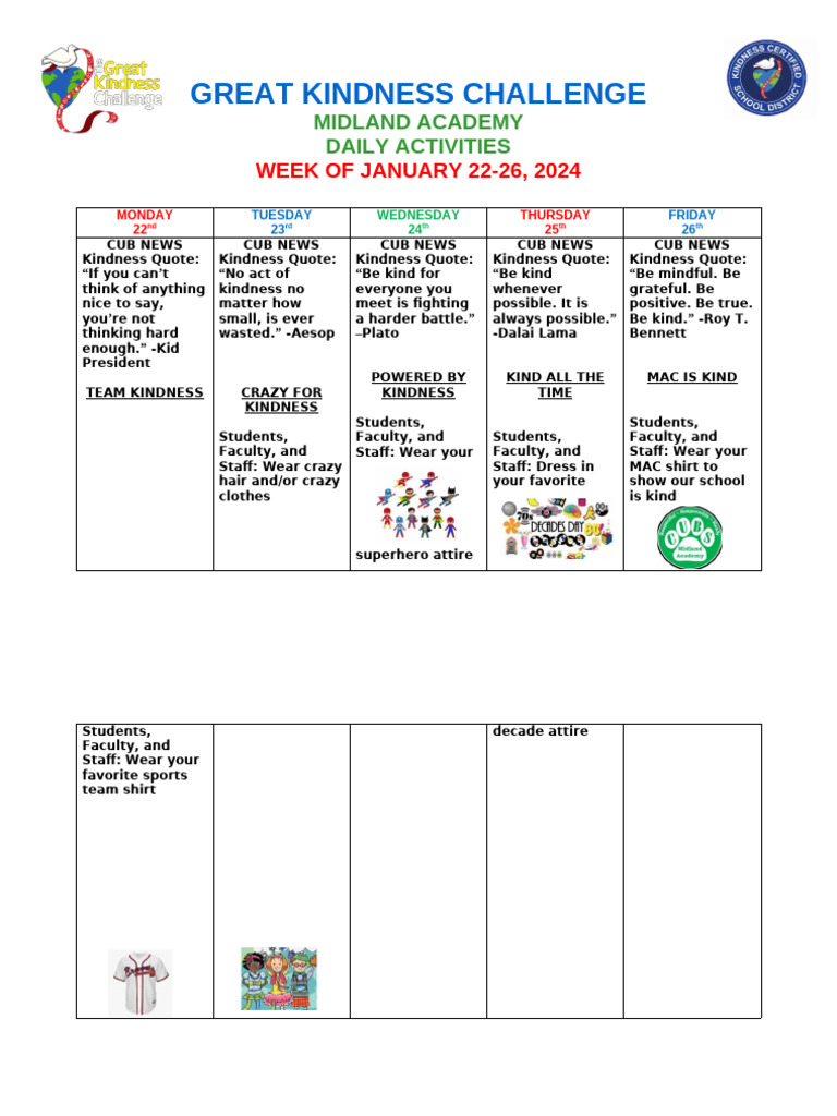 Great Kindness Challenge: WEEK OF JANUARY 22-26, 2024 | PDF