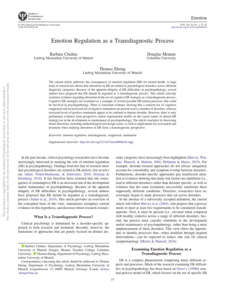 Emotion Regulation As A Transdiagnostic Process | PDF | Psychopathology ...