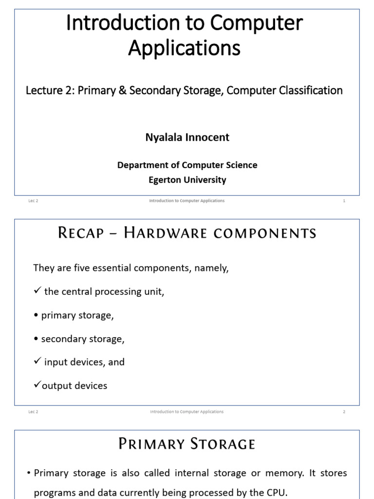 Lecture 2 - Primary and Secondary Storage-computer Classification | PDF ...