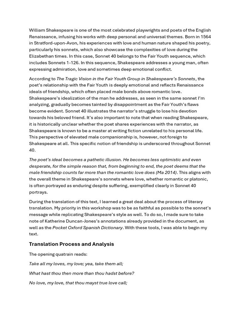 Sonnet 40 Translation To Spanish Essay | PDF | Shakespeare's Sonnets | Love