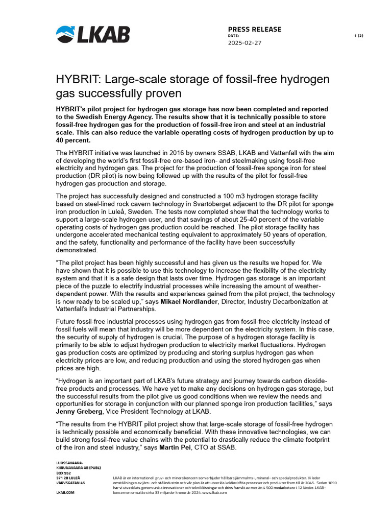 Hybrit - Large-Scale Storage of Hydrogen 3285888 | PDF | Natural Gas ...