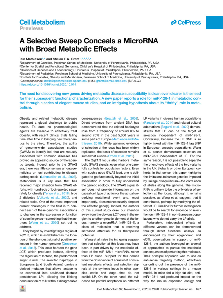 A Selective Sweep Conceals A MicroRNA With Broad M | PDF | Genome Wide Association Study ...