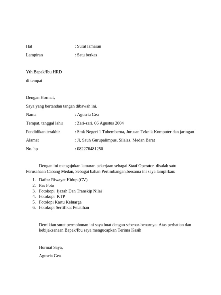 Surat Lamaran Ria | PDF