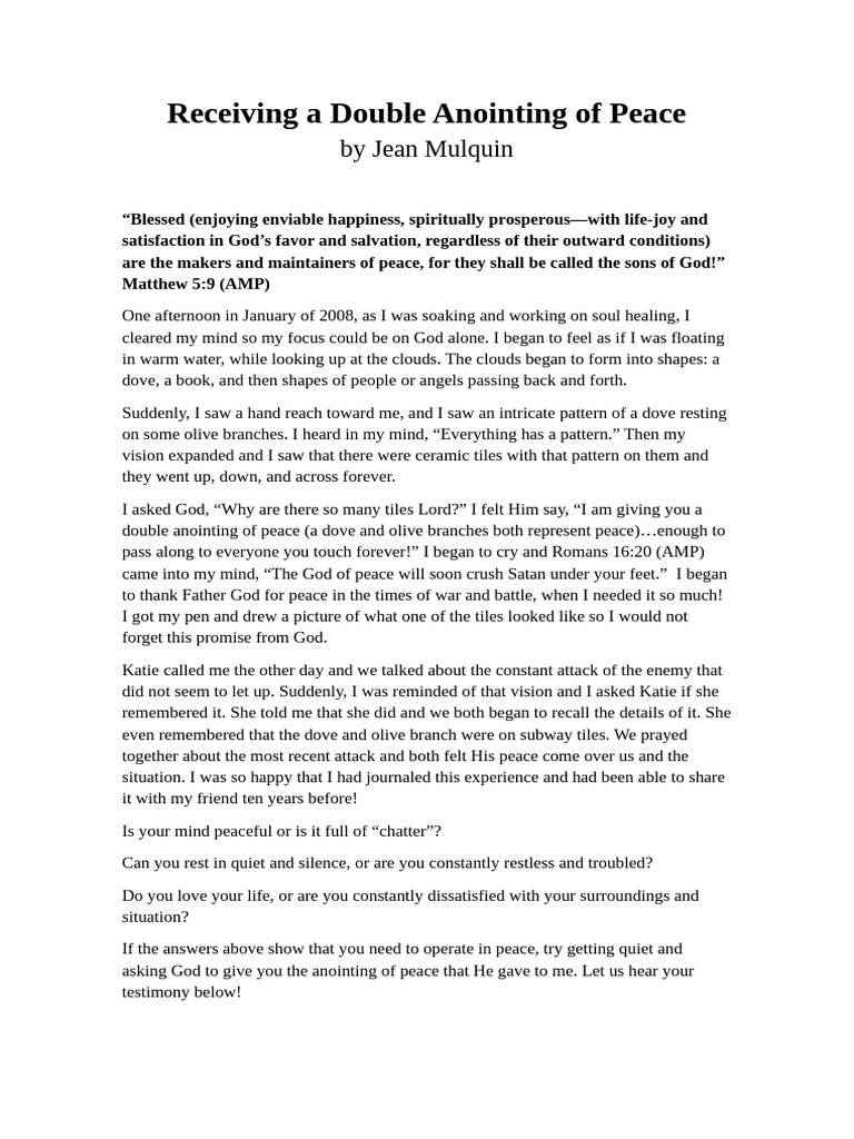Receiving A Double Anointing of Peace - Jean Mulquin | PDF | Peace