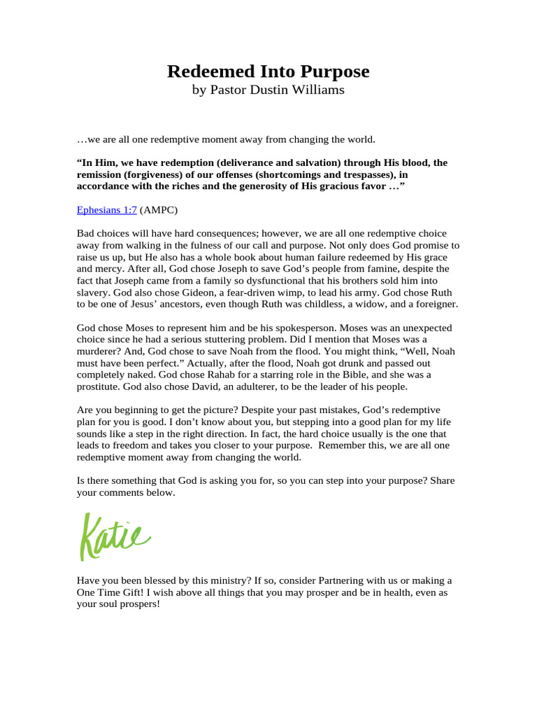 Redeemed Into Purpose - Pastor Dustin Williams | PDF