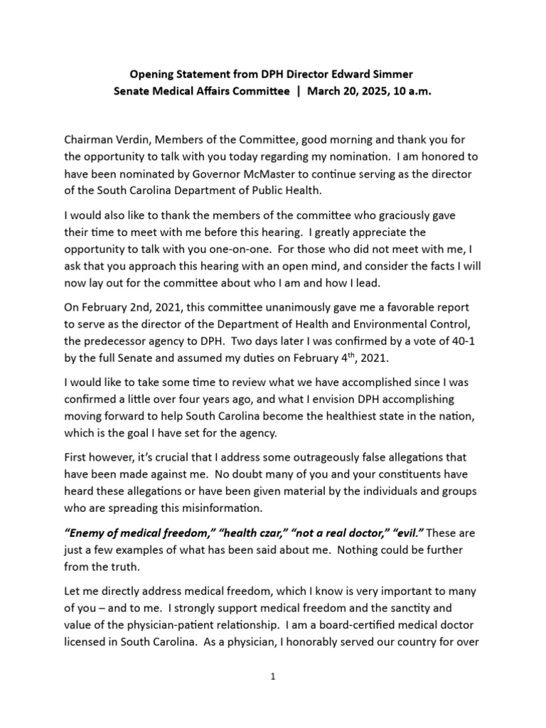 SCDPH Dr. Edward Simmer's Opening Statement in Confirmation Hearing ...