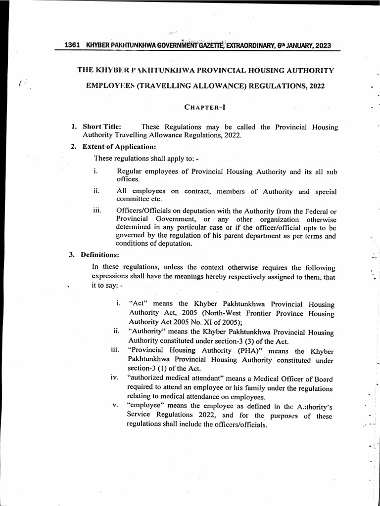 Khyber Pakhtunkhwa Provincial Housing Authority Employees Travelling Allowance Regulations 2022 ...