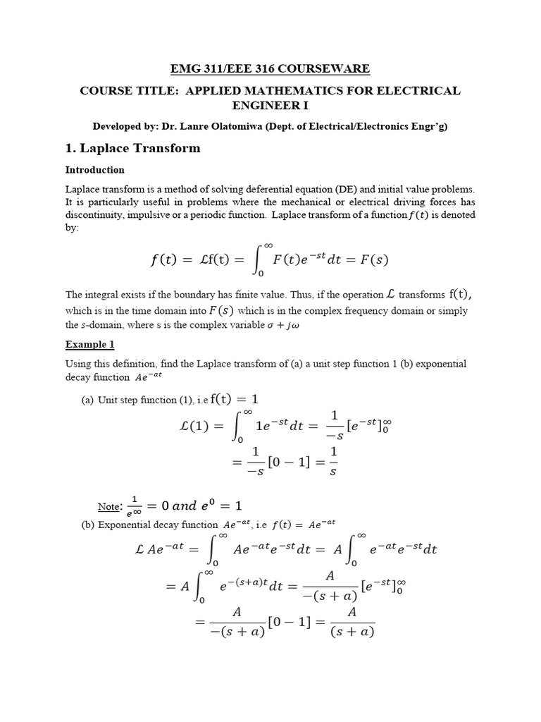 EMG 311 Courseware-LAPLACE TRANSFORM-1 | PDF | Laplace Transform | Factorization