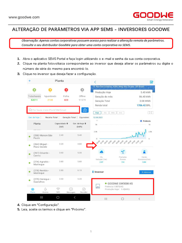 GW - Alteração Parâmetros Inversor GoodWe Via APP SEMS Portal | PDF